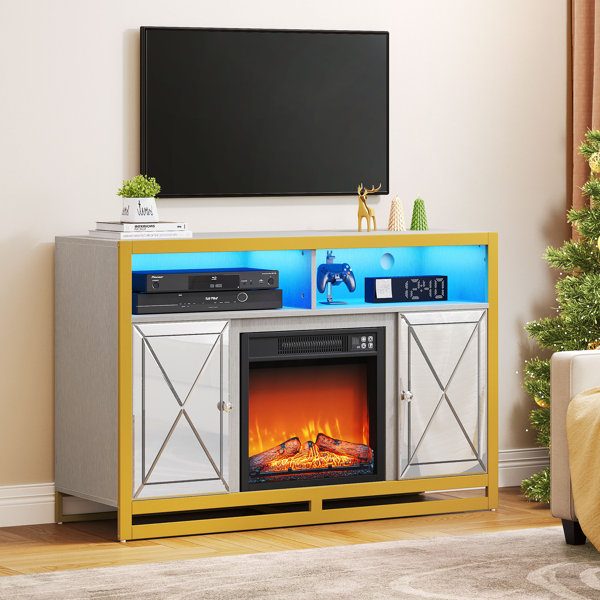 Wrought Studio™ Hadasha 47" LED Media Console Mirrored TV Stand with Electric Fireplace ...